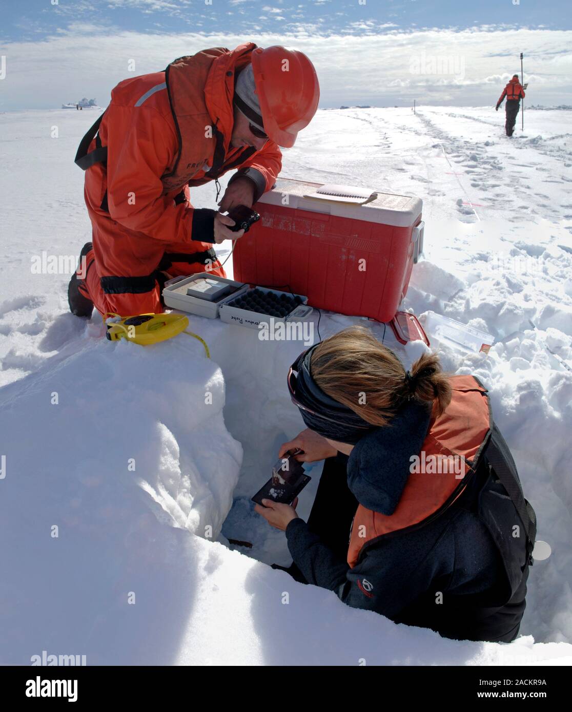 Antarctic research expedition. Researchers working in an 'ice pit' in ...