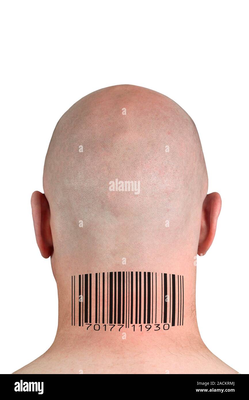 Consumerism. Conceptual image of a barcode on a bald man's neck. This ...