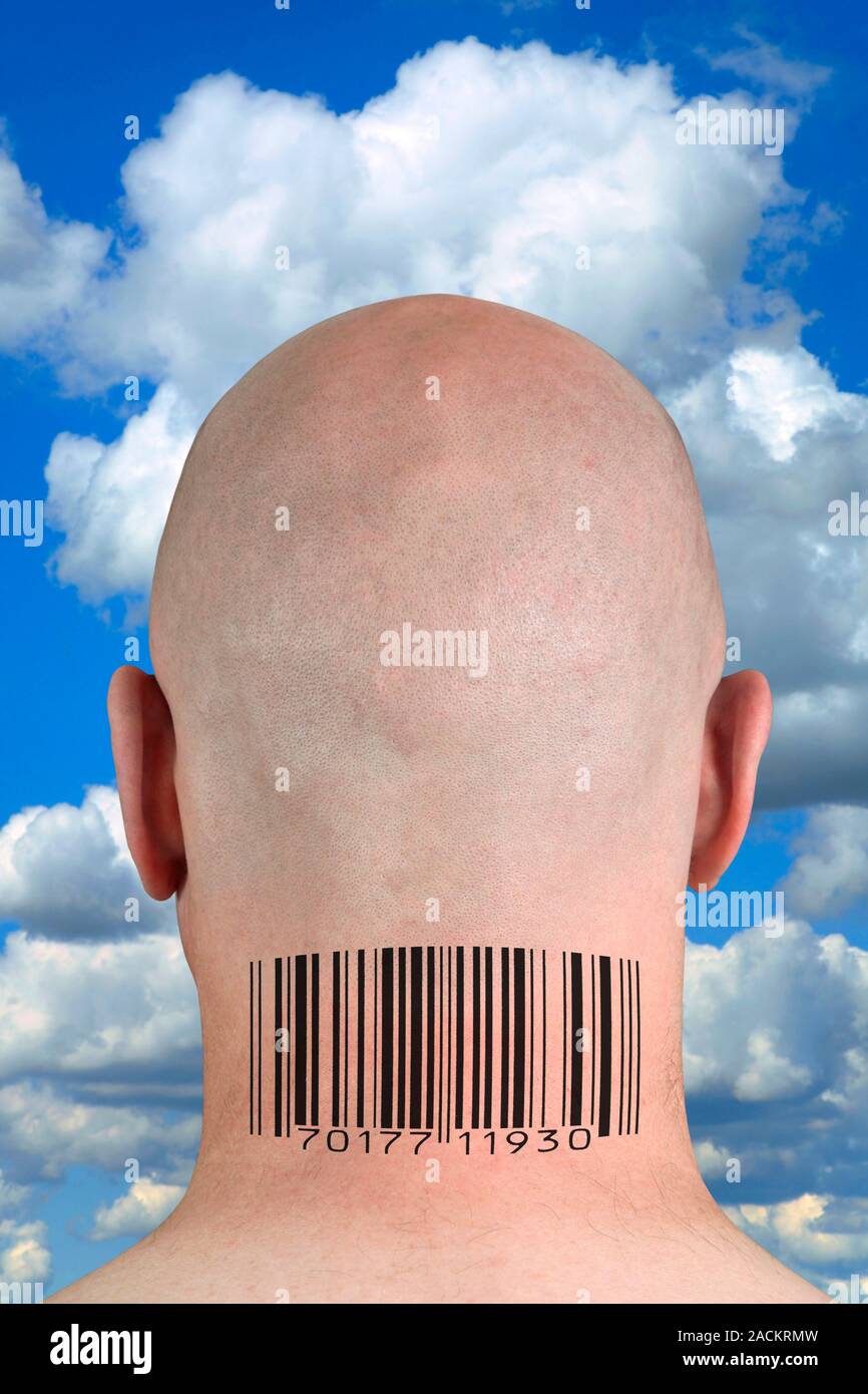Consumerism. Conceptual image of a barcode on a bald man's neck. This ...