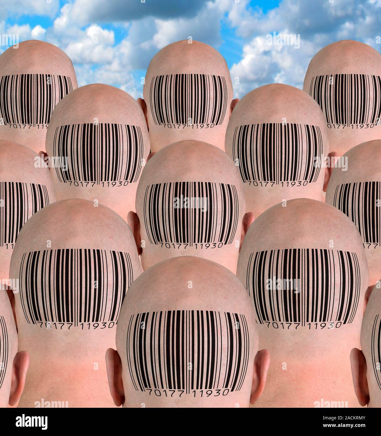 Consumerism. Conceptual image of barcodes on the back of the heads of ...