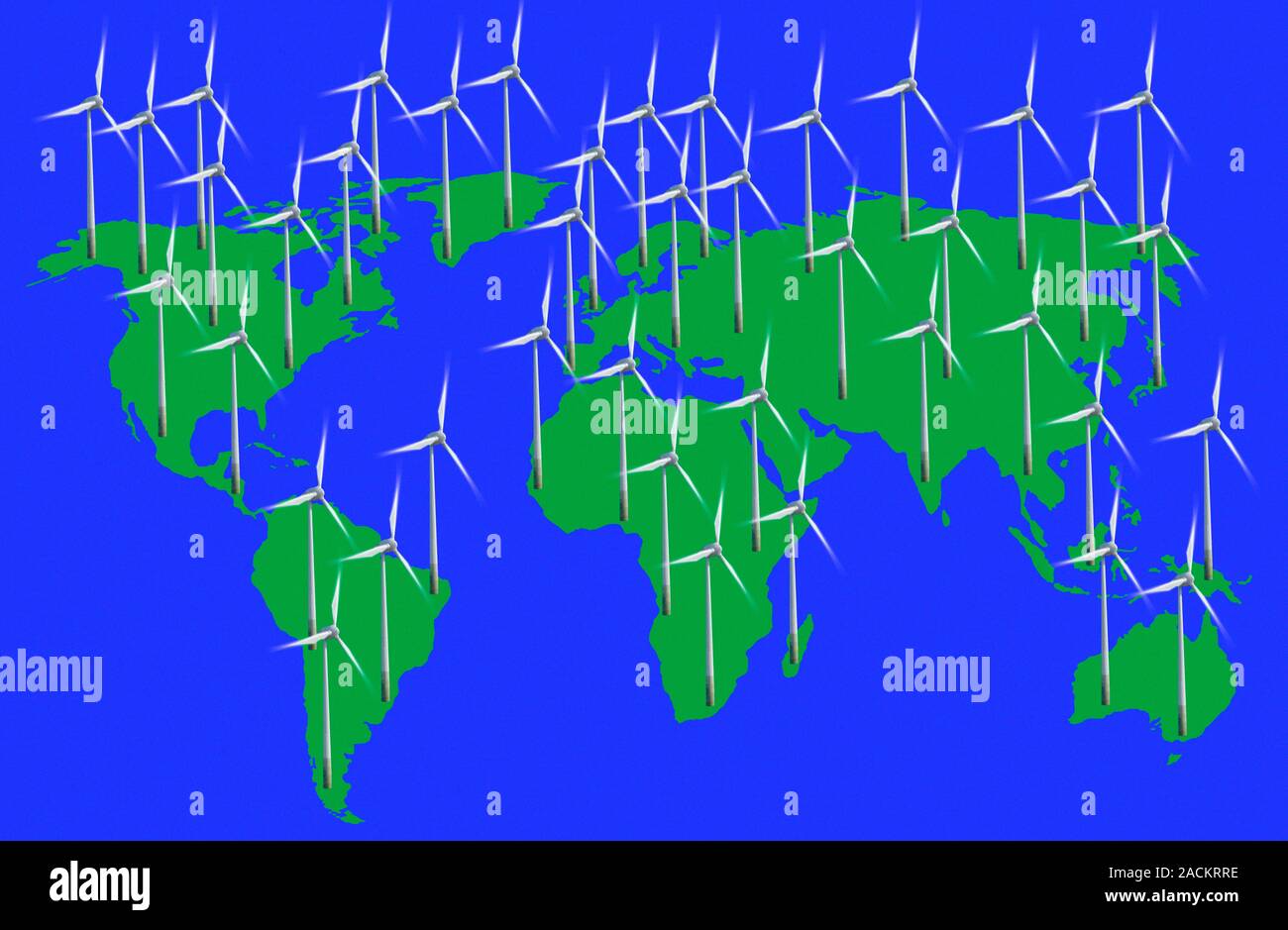 Global wind power. Conceptual image of wind turbines on a map of the ...