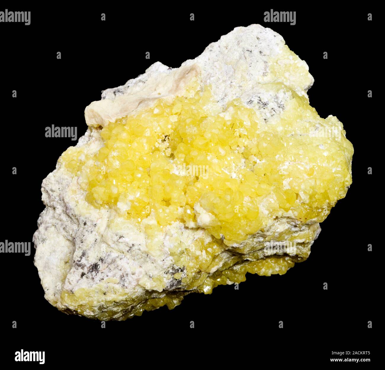 Sulphur crystals (yellow) embedded in a host rock. This specimen ...