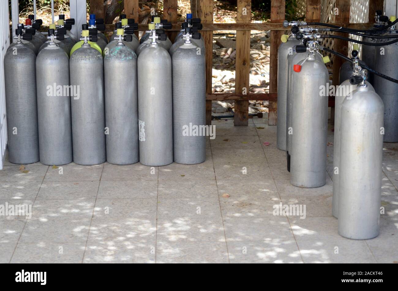 Diver's compressed air tanks Photographed in Eilat, Israel Stock Photo ...