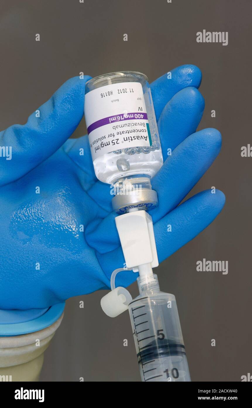 Bevacizumab chemotherapy drug being prepared. This drug, marketed as ...