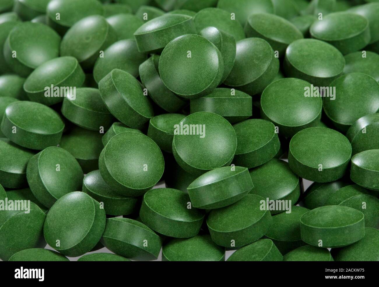 Microalgae food supplement tablets. Close-up of Odontella aurita ...