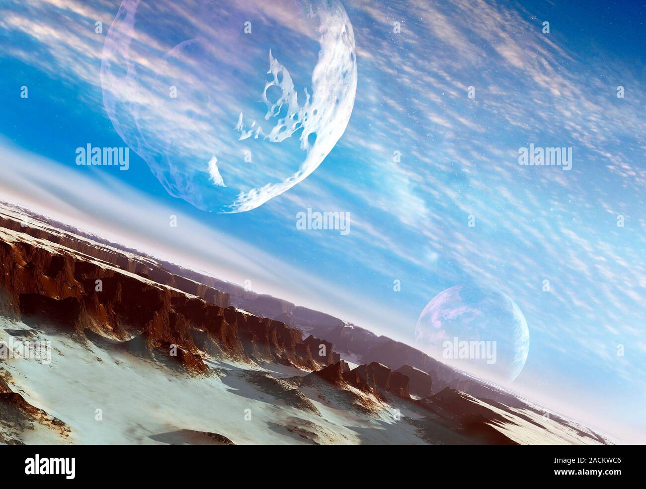 Asteroid approaching an alien moon, computer artwork. An earth-like ...
