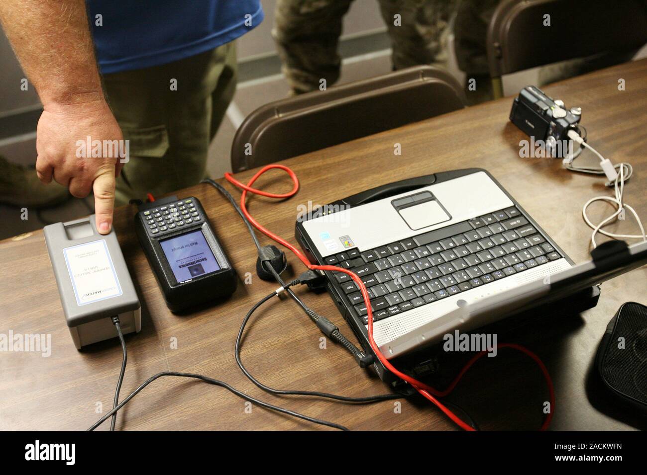 Military biometrics training. Biometric class instructor demonstrating ...