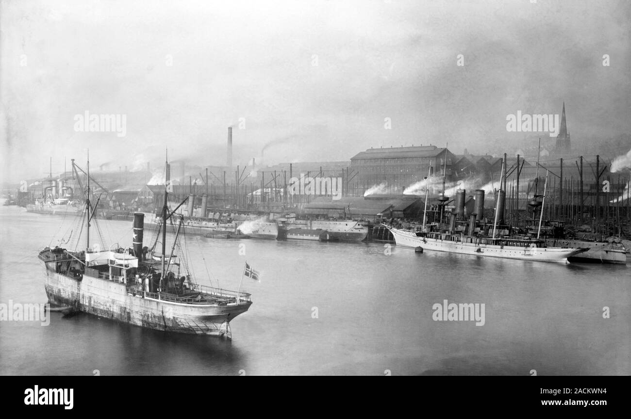 Armstrong Gun Works. View from the river of the docks, ships, factories ...