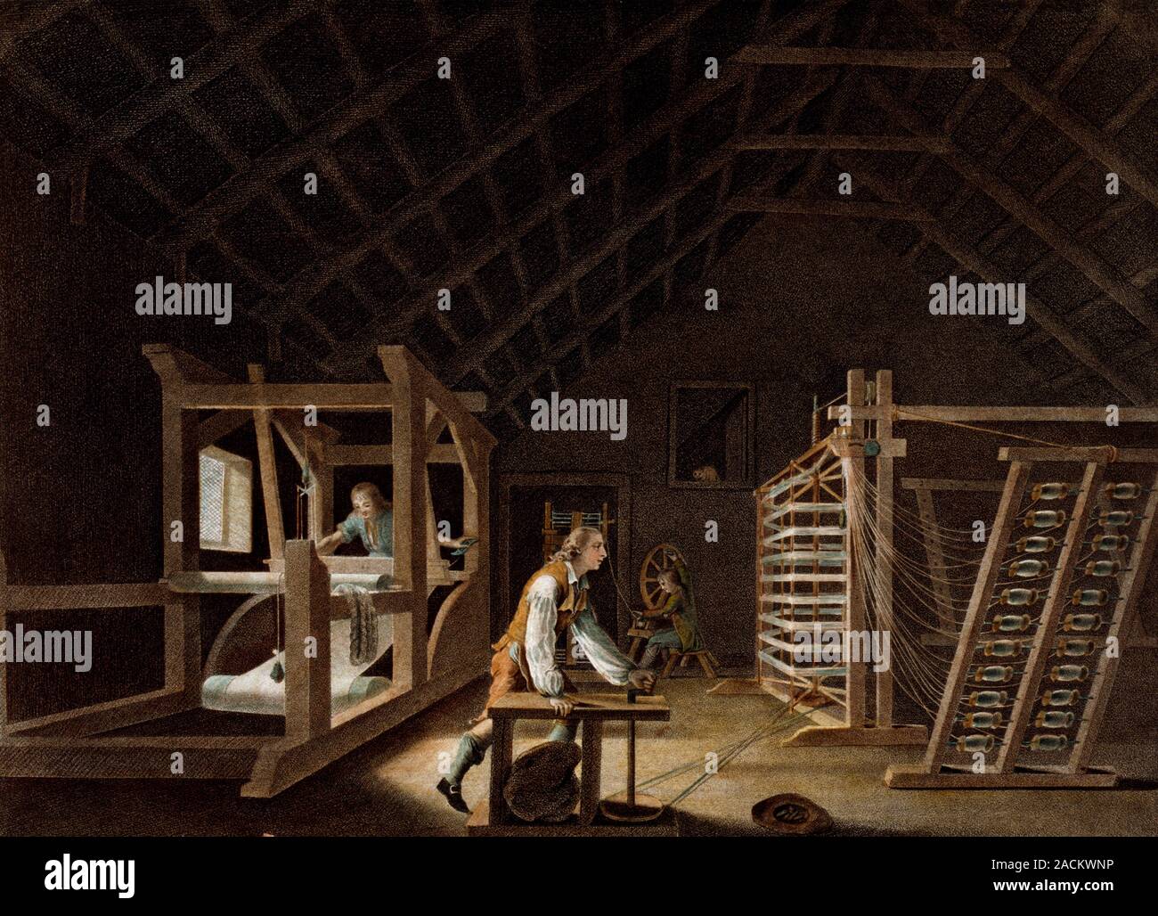 Irish linen industry. 18th-century artwork of workers in a linen mill ...