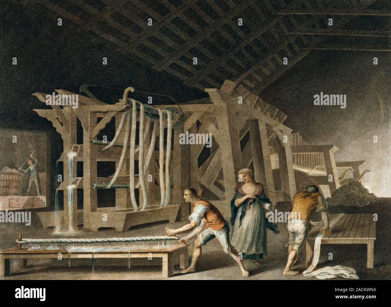 Irish linen industry. 18th-century artwork of workers and machinery in ...