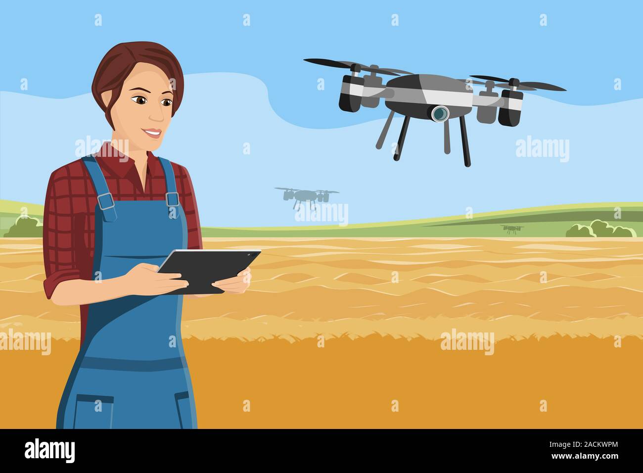 Woman farmer control drone on a wheat field. Digital transformation in ...