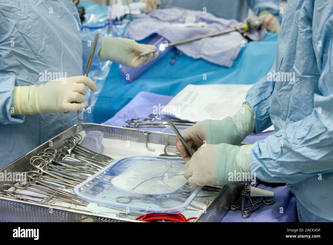 Surgical equipment in use during surgery in a hospital operating ...