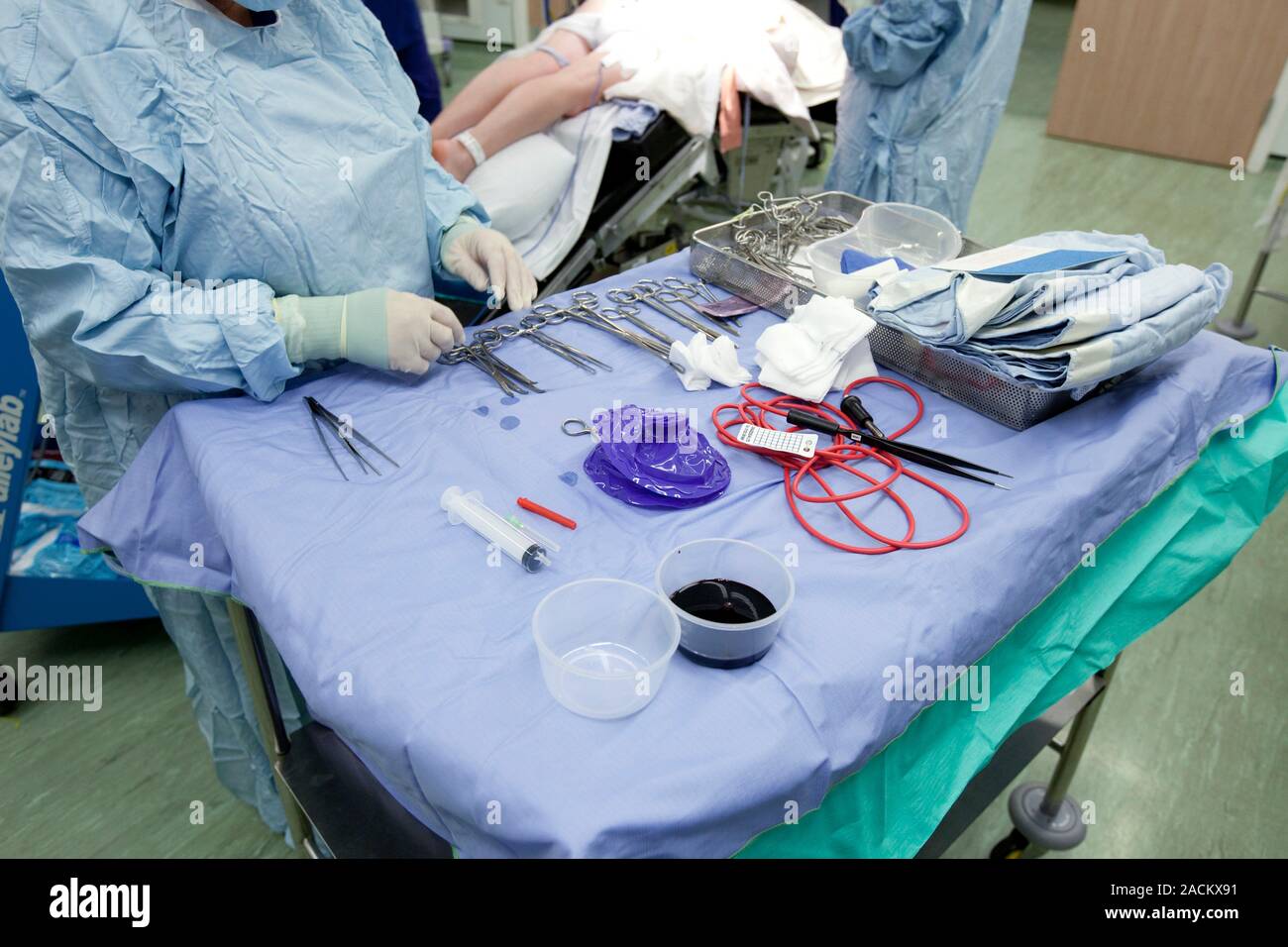 Surgical equipment, including scissor forceps, in a hospital operating ...