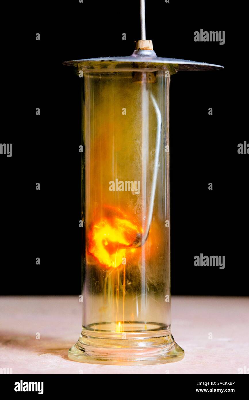 Iron-chlorine reaction. Iron (Fe) producing flames as it reacts with ...