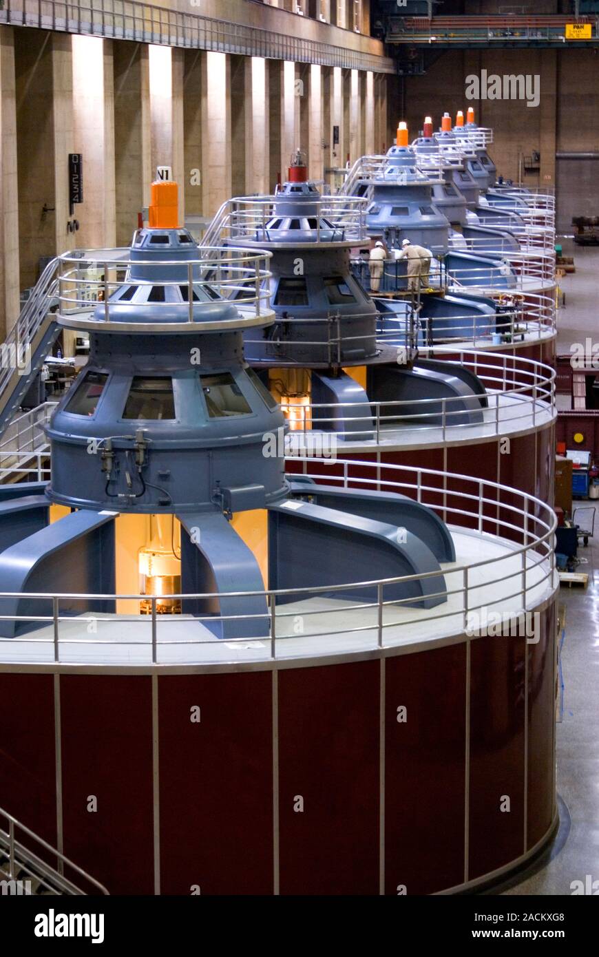 Hoover Dam generator hall showing seven generator sets. This hydro ...