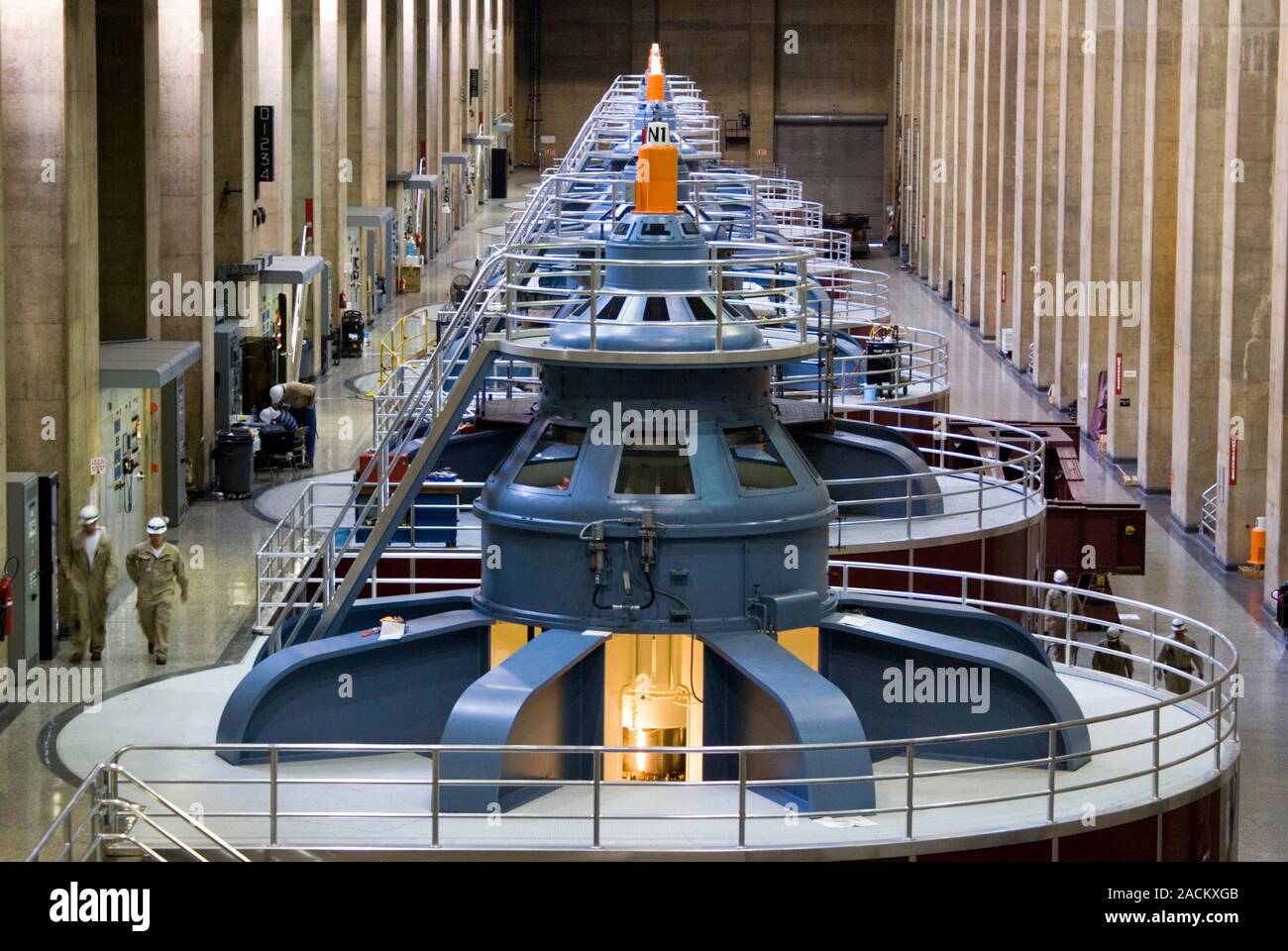 Hoover Dam generator hall showing seven generator sets. This hydro ...