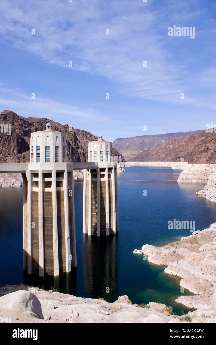 Intake towers in Lake Mead upper cofferdam at Hoover Dam. The intakes ...