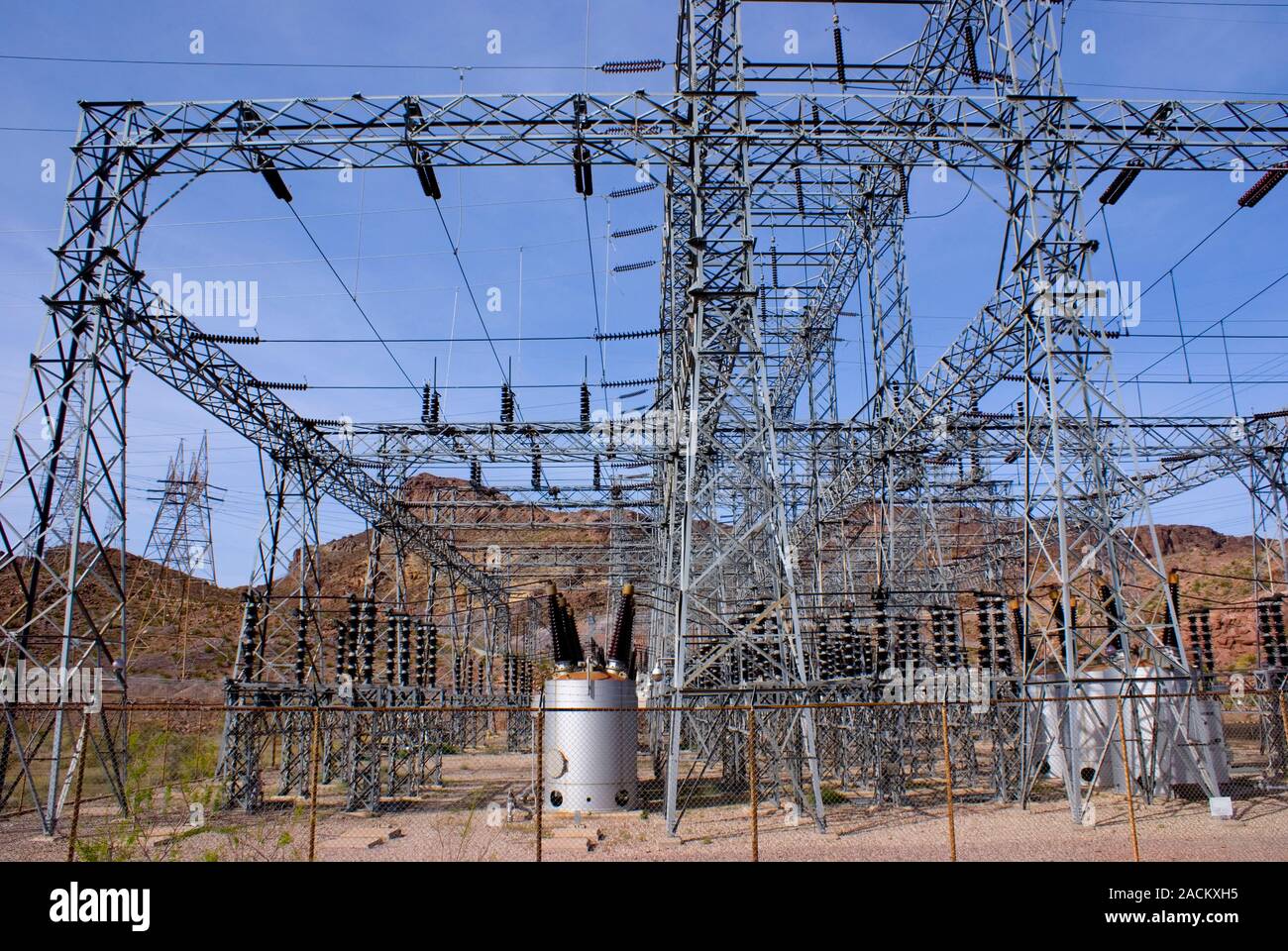 Electricity substation above Hoover Dam, showing high voltage ...