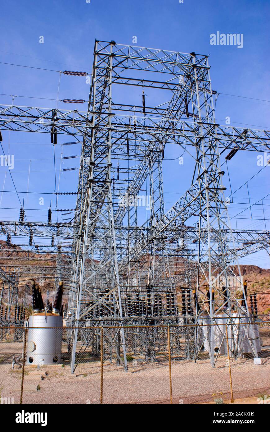 Electricity substation above Hoover Dam, showing high voltage ...