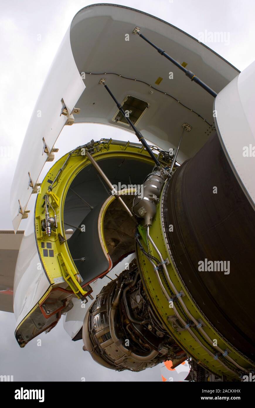 Boeing 747-8 inboard engine with cowling open for maintenance. This is ...
