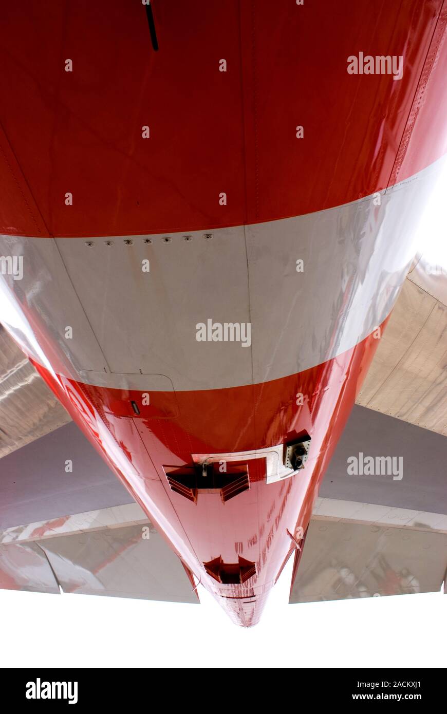 Boeing 747-8 rear fuselage and tail fins viewed from below ...