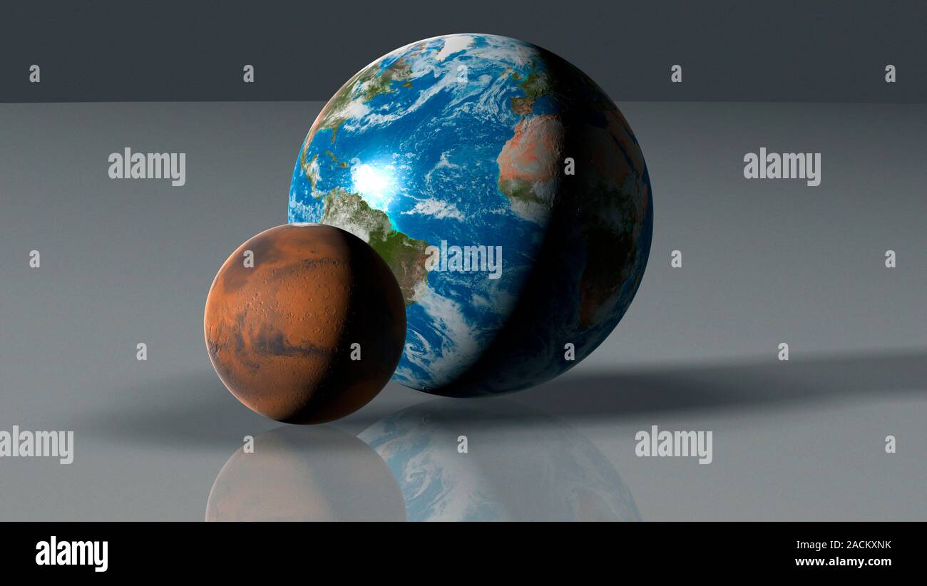 Computer artwork comparing the size of Mars (left) with that of the ...