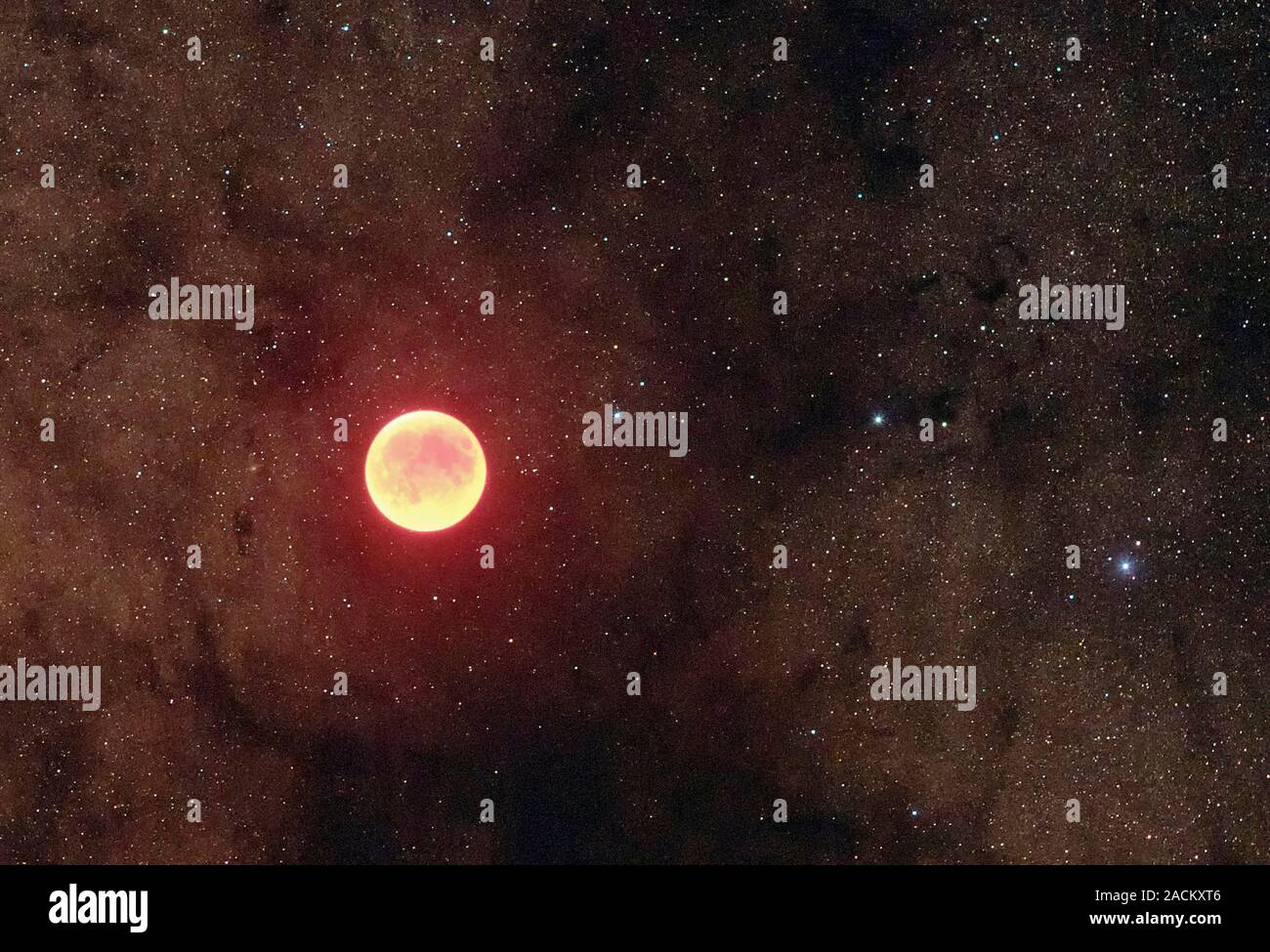 Lunar eclipse seen in front of the Milky Way. Lunar eclipses occur when ...