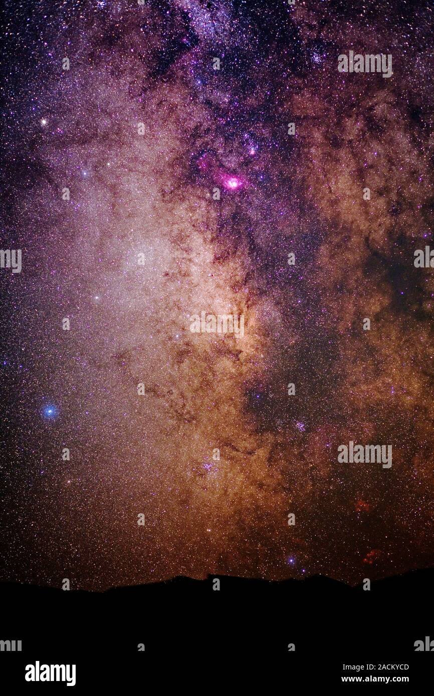 Milky Way. Bands of dust and glowing nebulae are seen along the band of ...