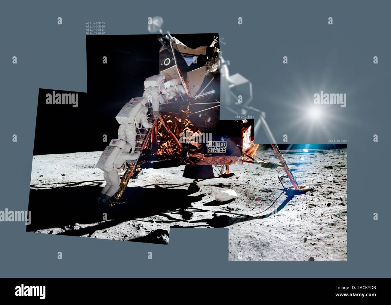 Apollo 11 Moon landing. Composite image of Buzz Aldrin stepping down the ladder of the Eagle ...