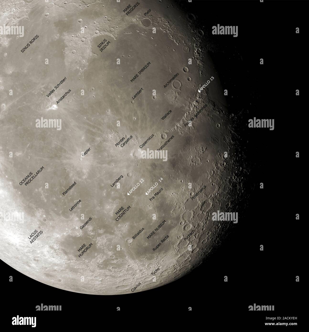 The Moon from space. Annotated artwork showing surface features in the ...