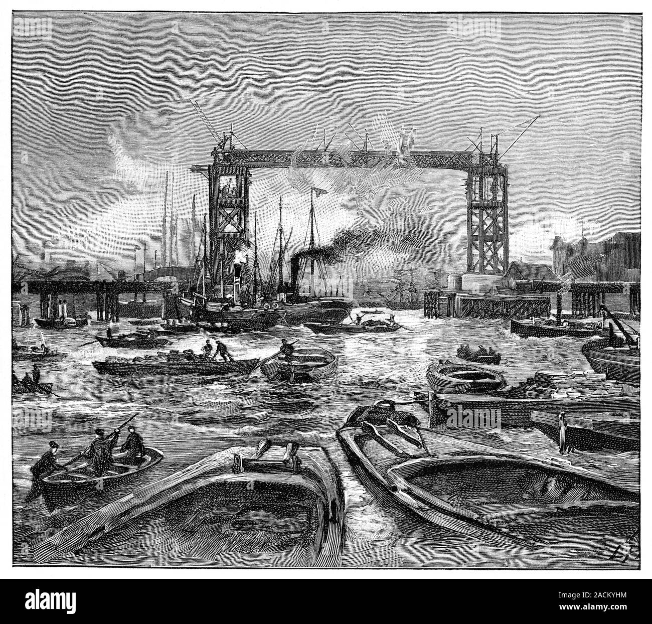 Construction of Tower Bridge, 19th-century artwork. This bridge across ...