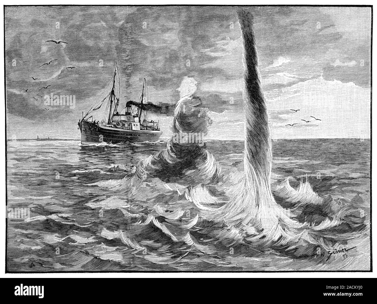 Ship and waterspout, 19th-century artwork. Waterspouts are the ...