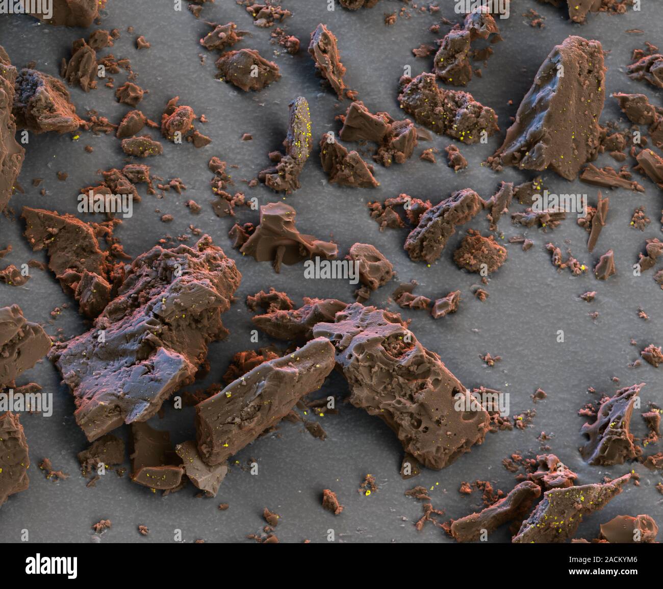 Activated carbon. Coloured scanning electron micrograph (SEM) showing ...