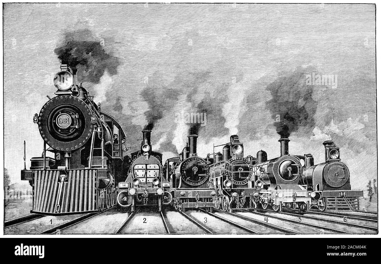 Steam locomotives, early 20th-century artwork. Steam train technology ...