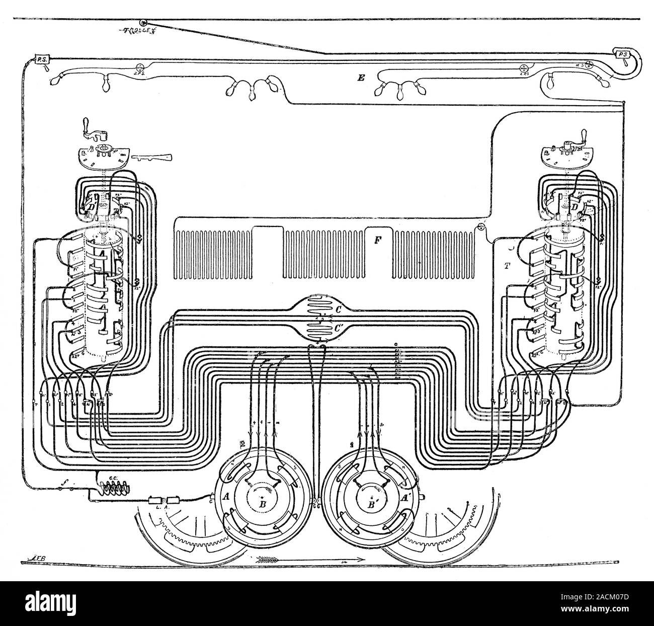 Tram electrical systems, 19th-century artwork. Electrification of trams ...
