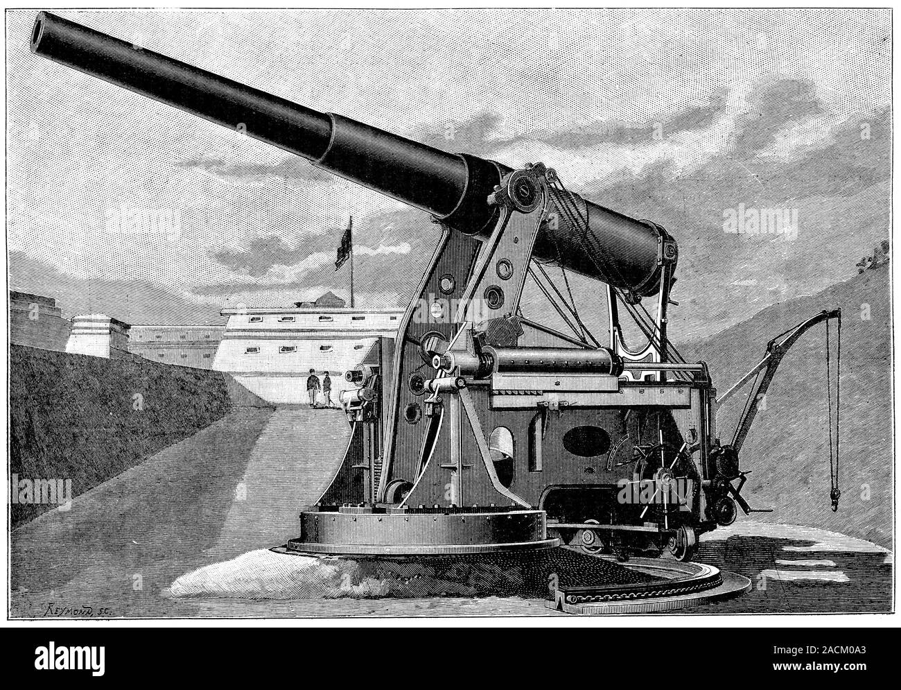 Disappearing gun, 19th-century artwork. This type of artillery cannon ...