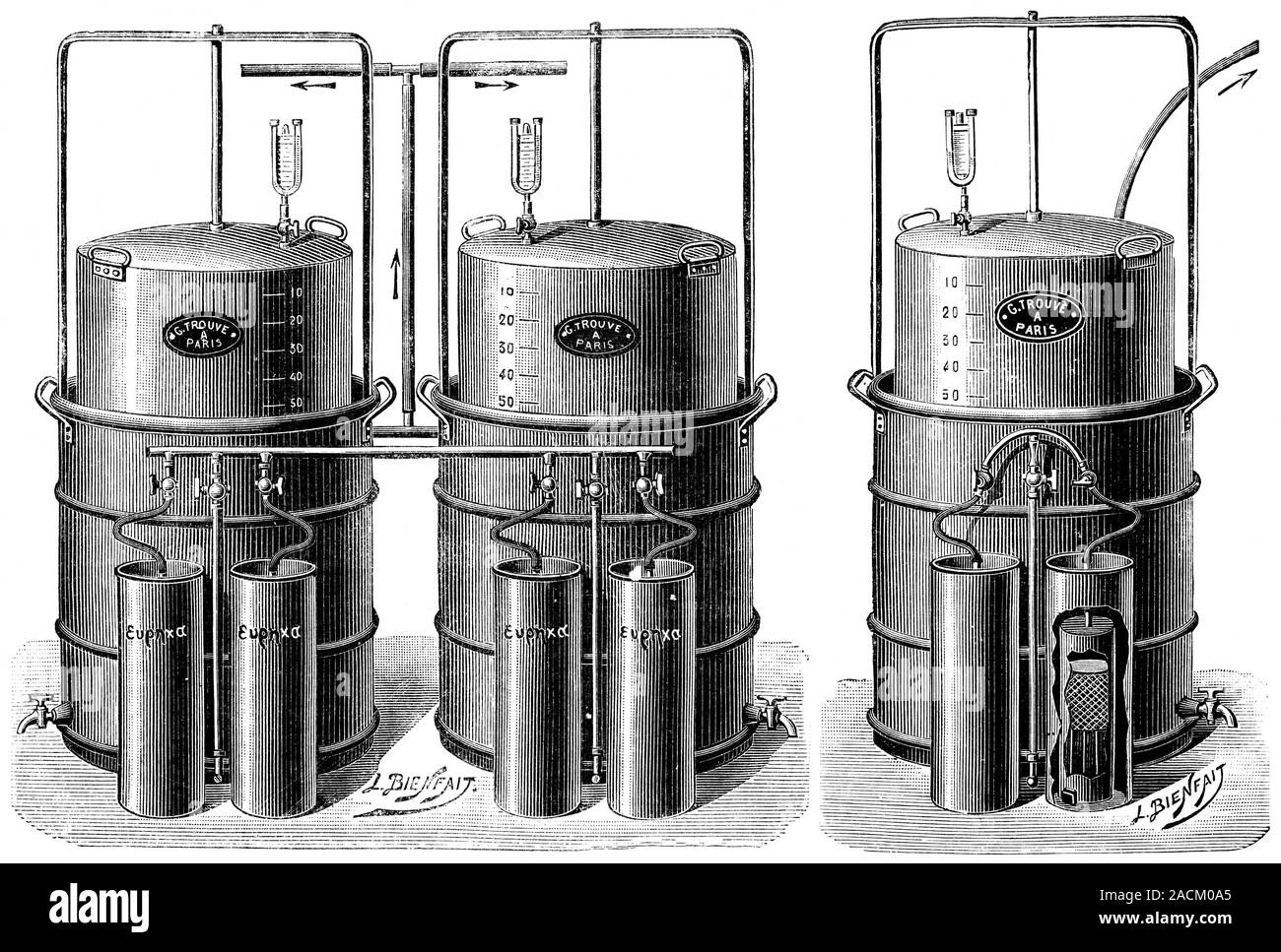 Acetylene lighting system, 19th-century artwork. Also known as carbide ...