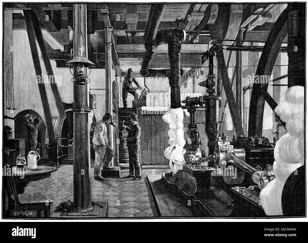 Industrial ice production, 19th-century artwork. This is an ice factory ...
