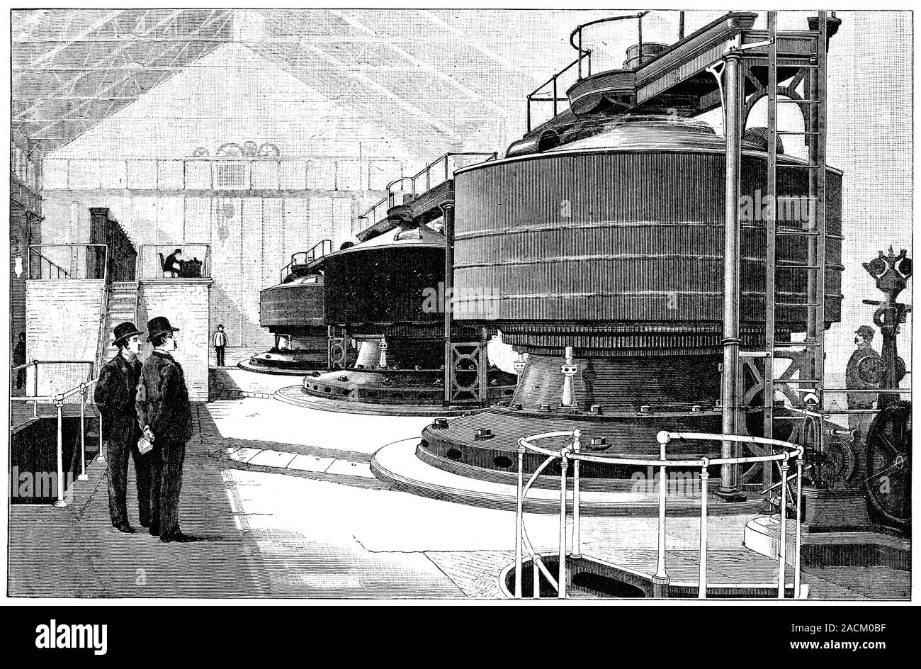 Hydroelectric generators, 19th-century artwork. These generators are ...