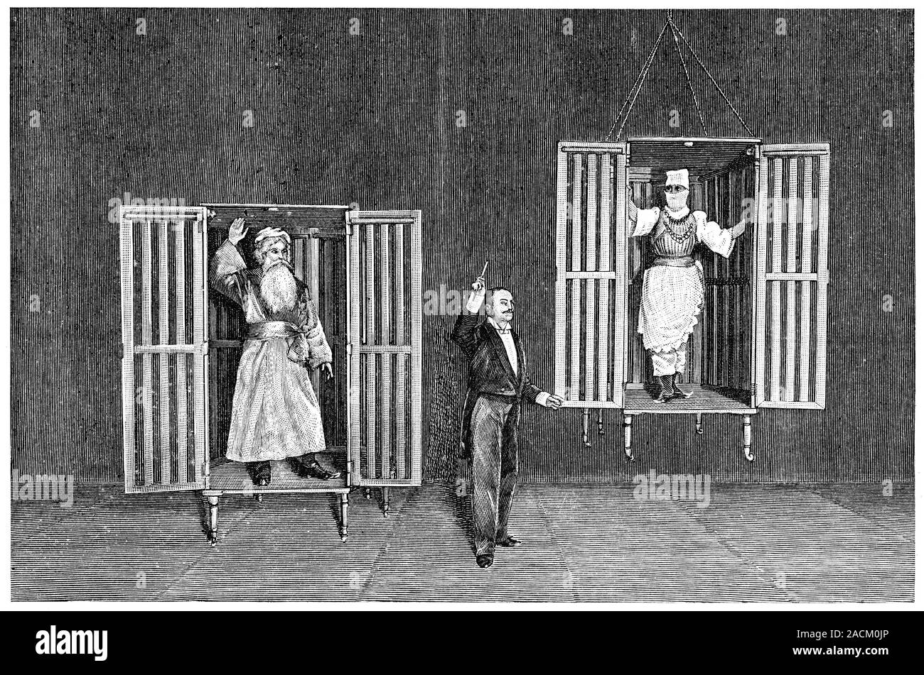 Magic trick, 19th century artwork. Shown here is the 'double cage ...