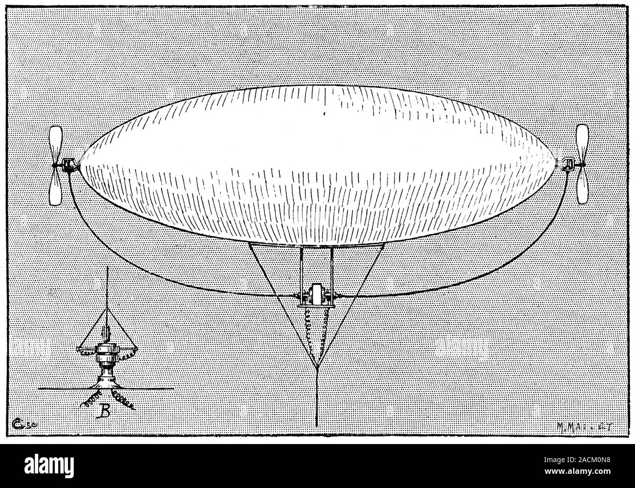 Weather balloon, 19th-century artwork. Tethered balloon that has been ...