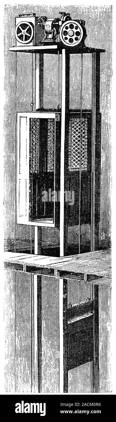 Electric elevator, 19th-century artwork. Details of the mechanism of an ...
