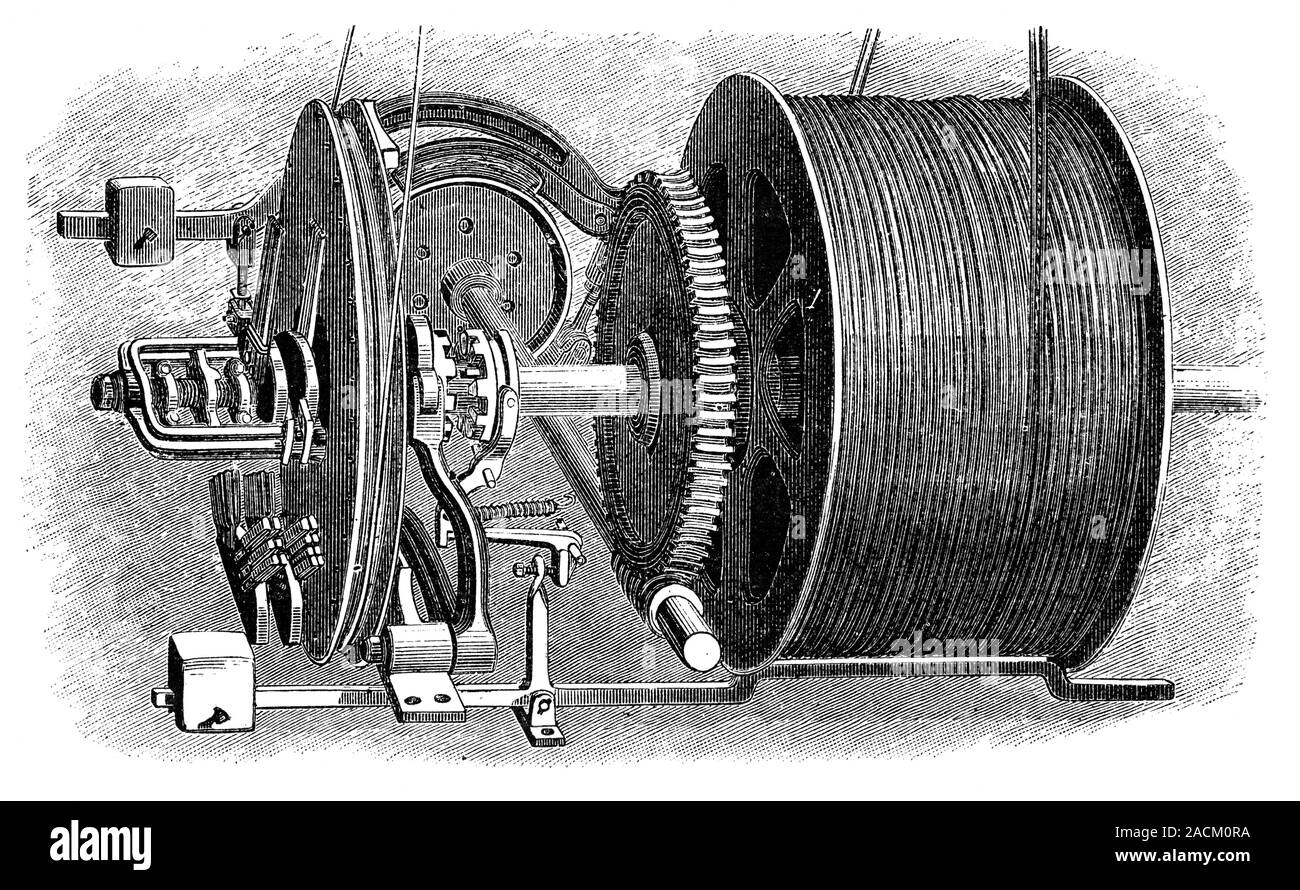 Elevator motor, 19th-century artwork. Details of the motor and winch ...