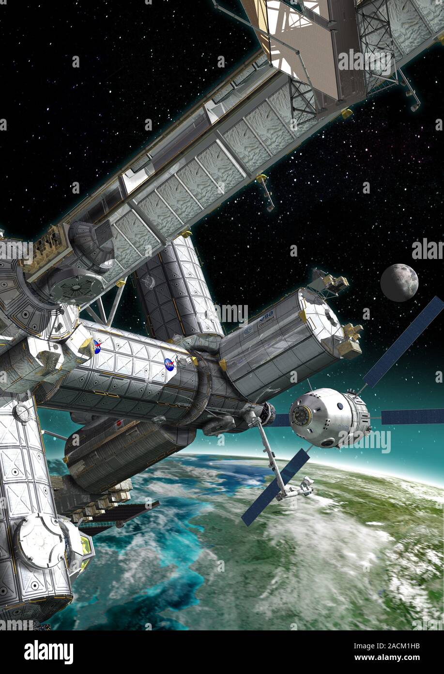 Futuristic space station. Computer artwork of a manned space station ...