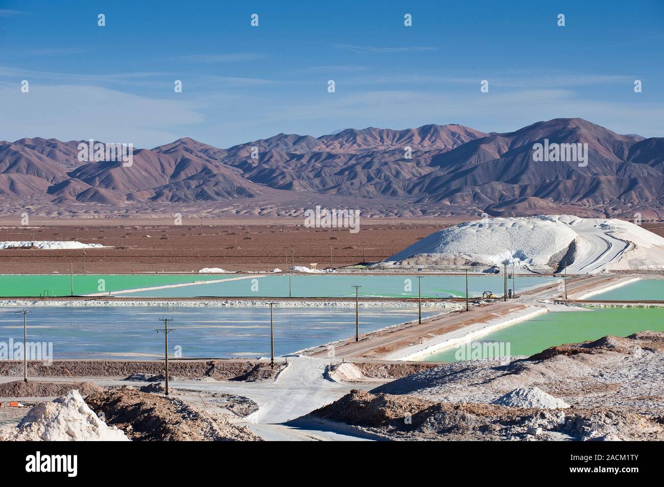 Evaporation ponds in the Atacama desert, Chile. Over a number of months ...
