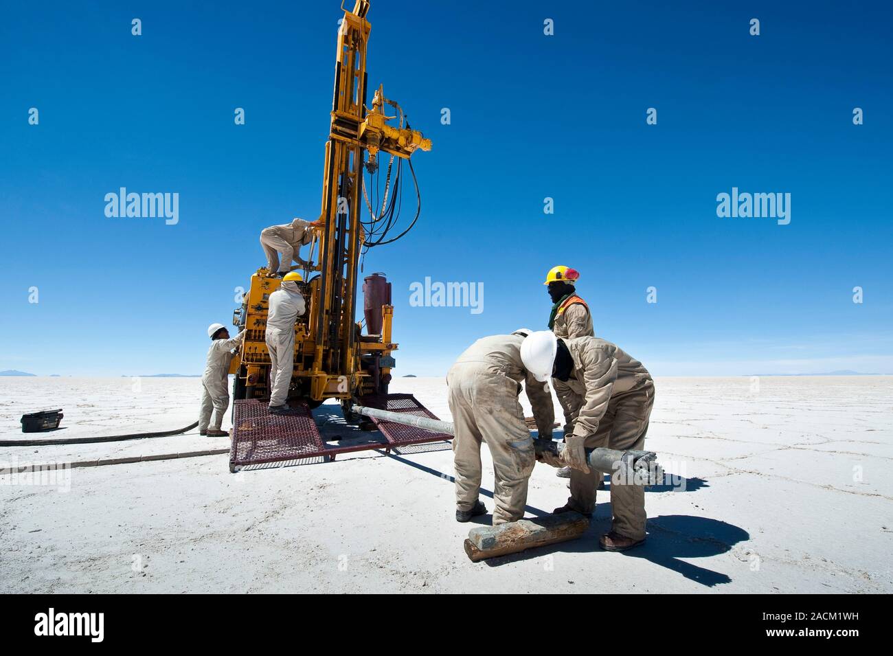 Drilling in a salt flat. This is the Salar de Uyuni in Bolivia, the ...