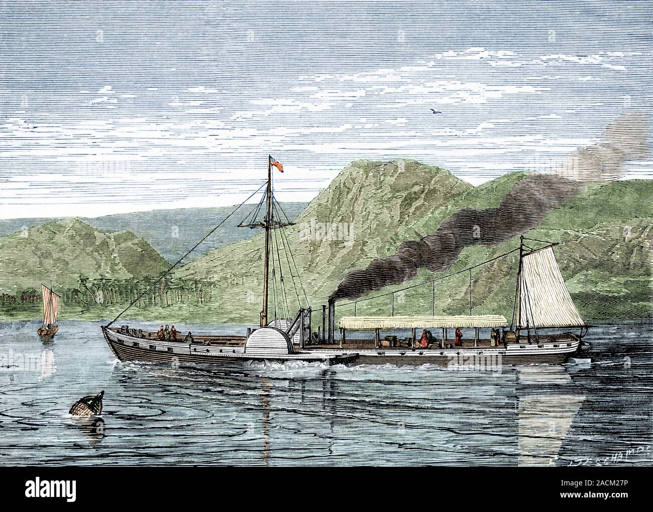 19th century engraving of the first commercially successful steamboat ...
