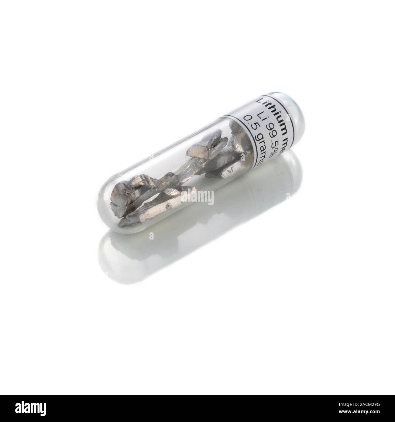 Lithium. Vial containing a sample of the alkali metal lithium (Li ...