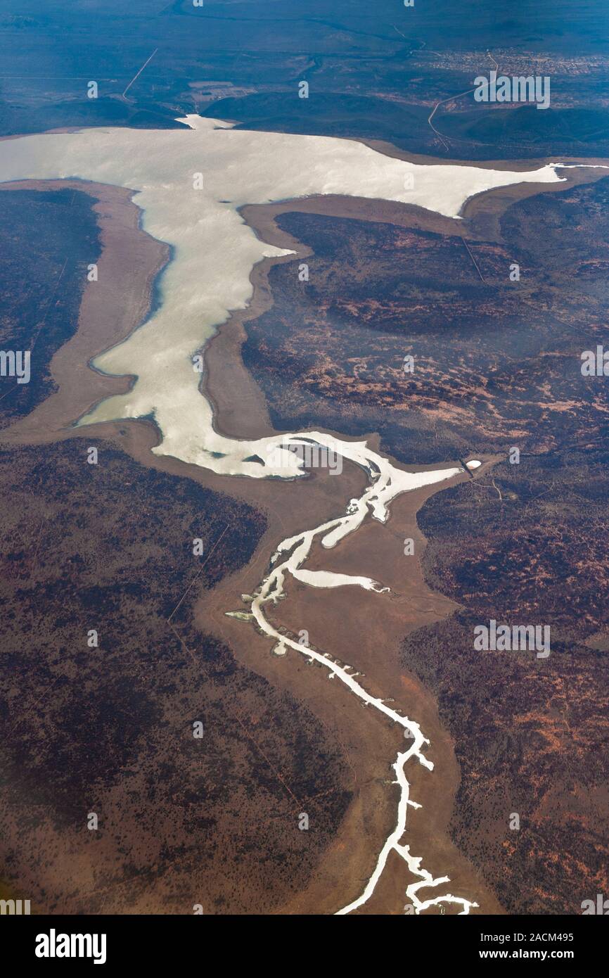 African reservoir in the dry season. Aerial view of a reservoir drying ...
