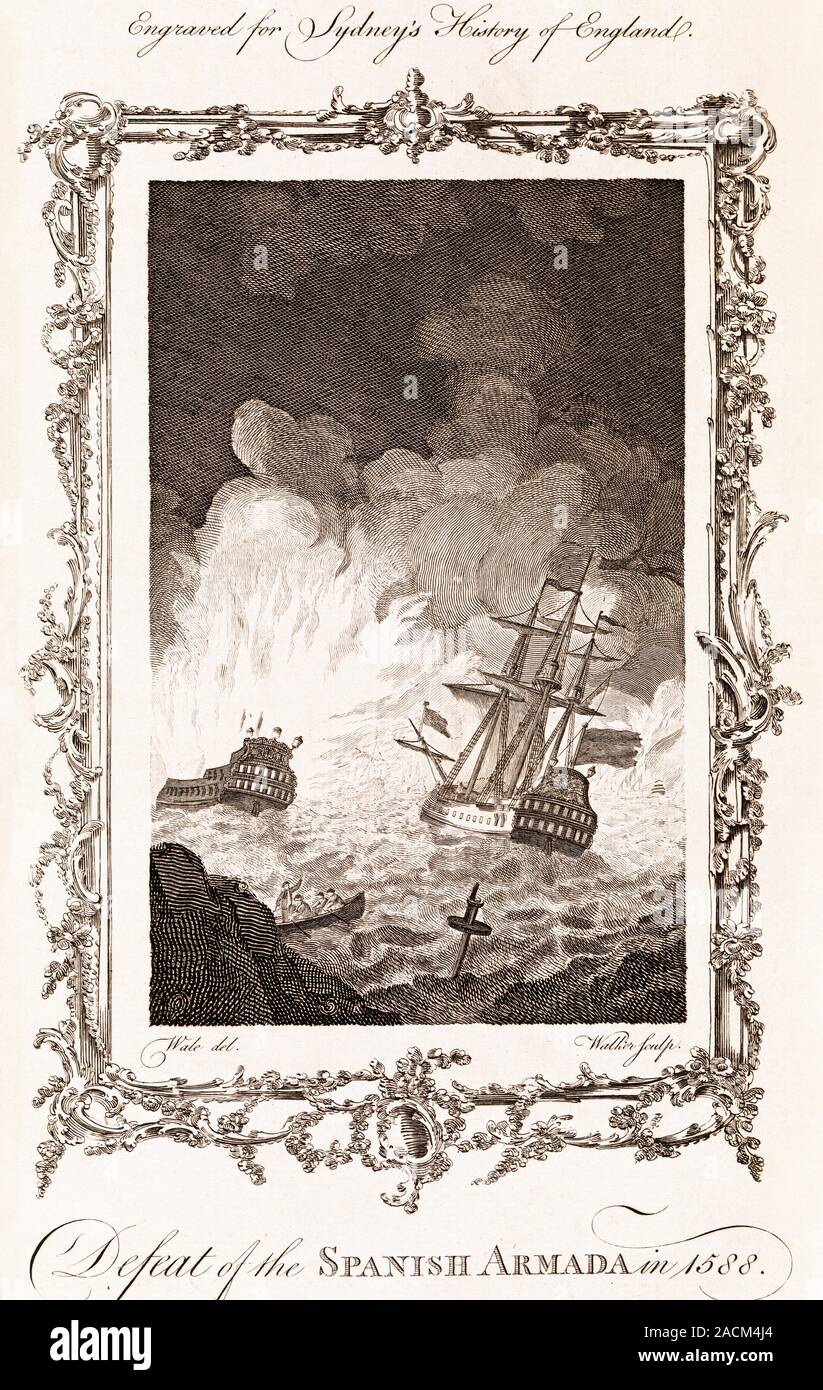 Defeat of the Spanish Armada. 18th-century artwork showing the defeat ...